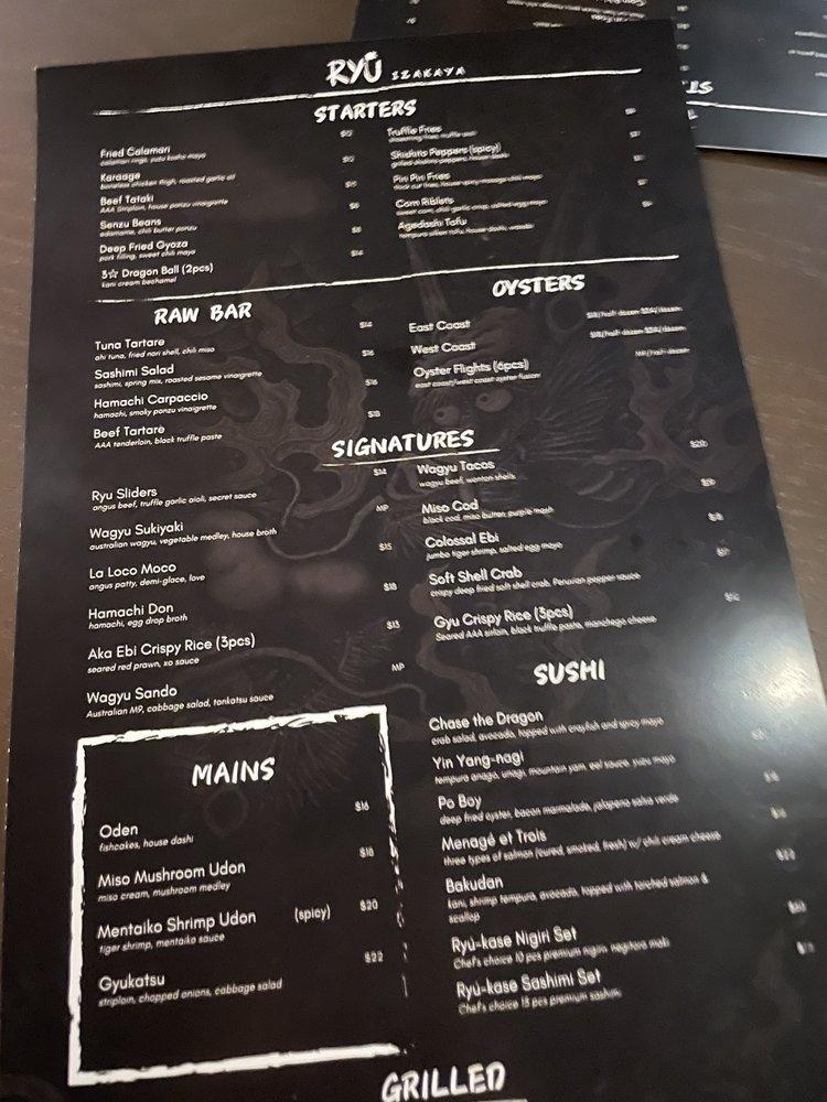 Menu at Ryu Izakaya pub & bar, Richmond Hill