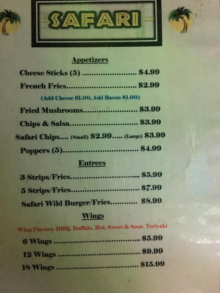 Carta de Safari Sports Bar, Corinth