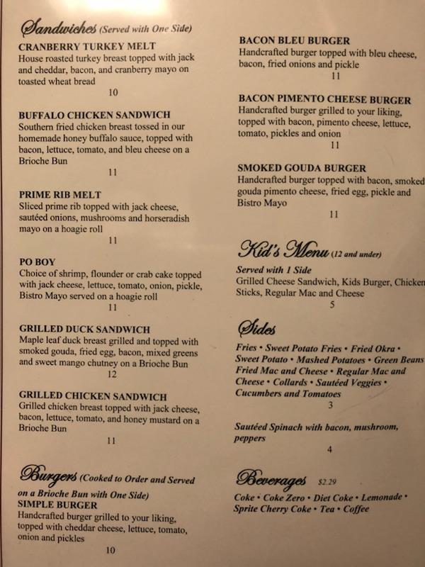 Menu at Simply Southern Bistro restaurant, Sumter