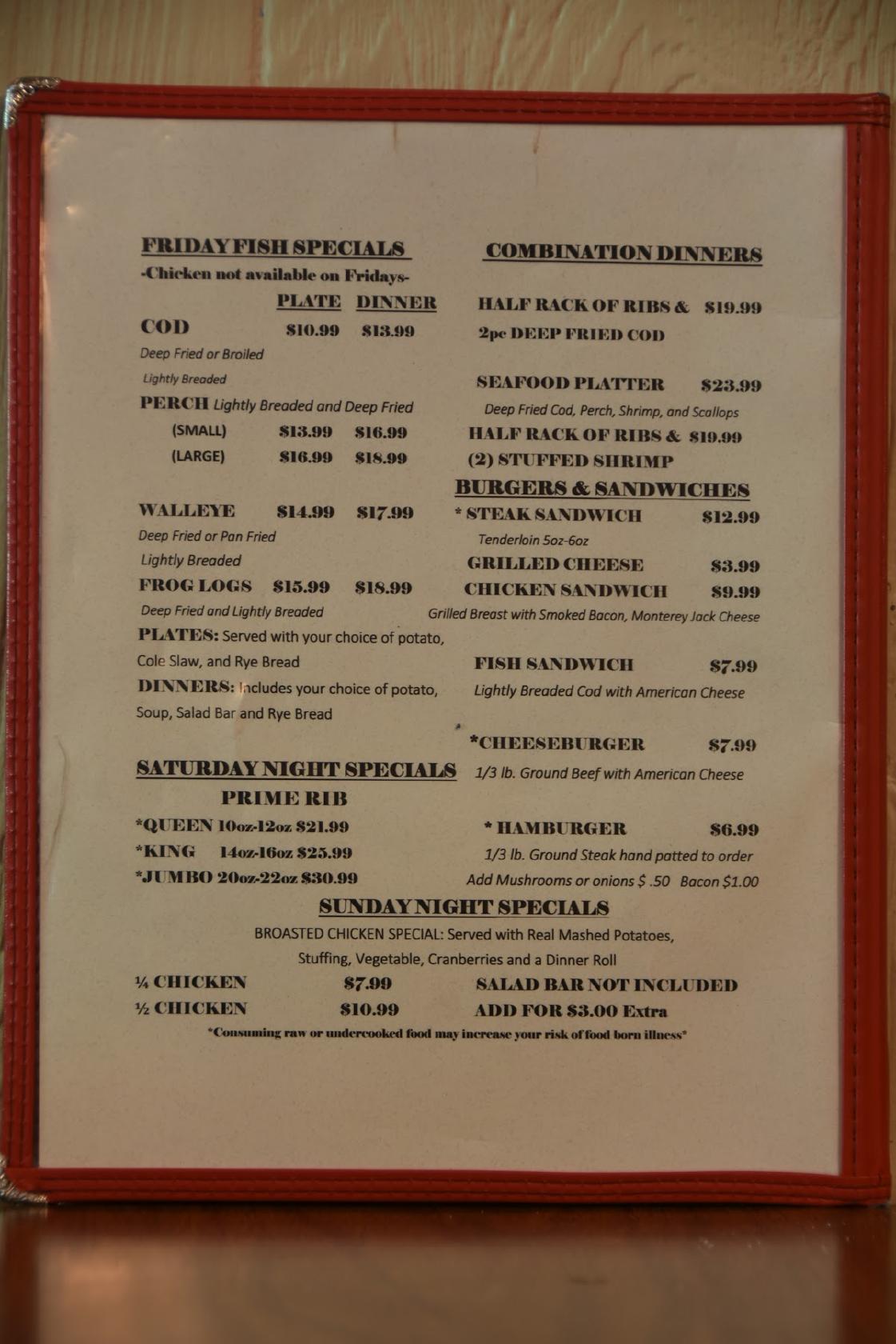 Menu at Kassidy's Studio Lounge restaurant, Shawano