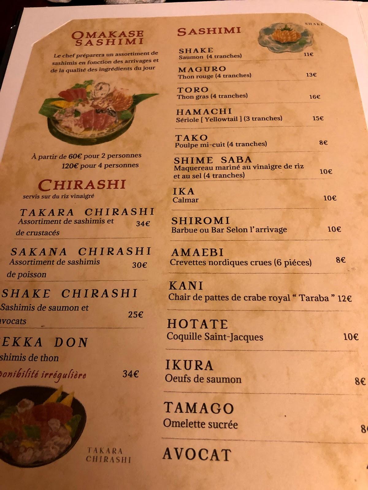 Menu au Takara Paris restaurant, Paris, 14 Rue Molière