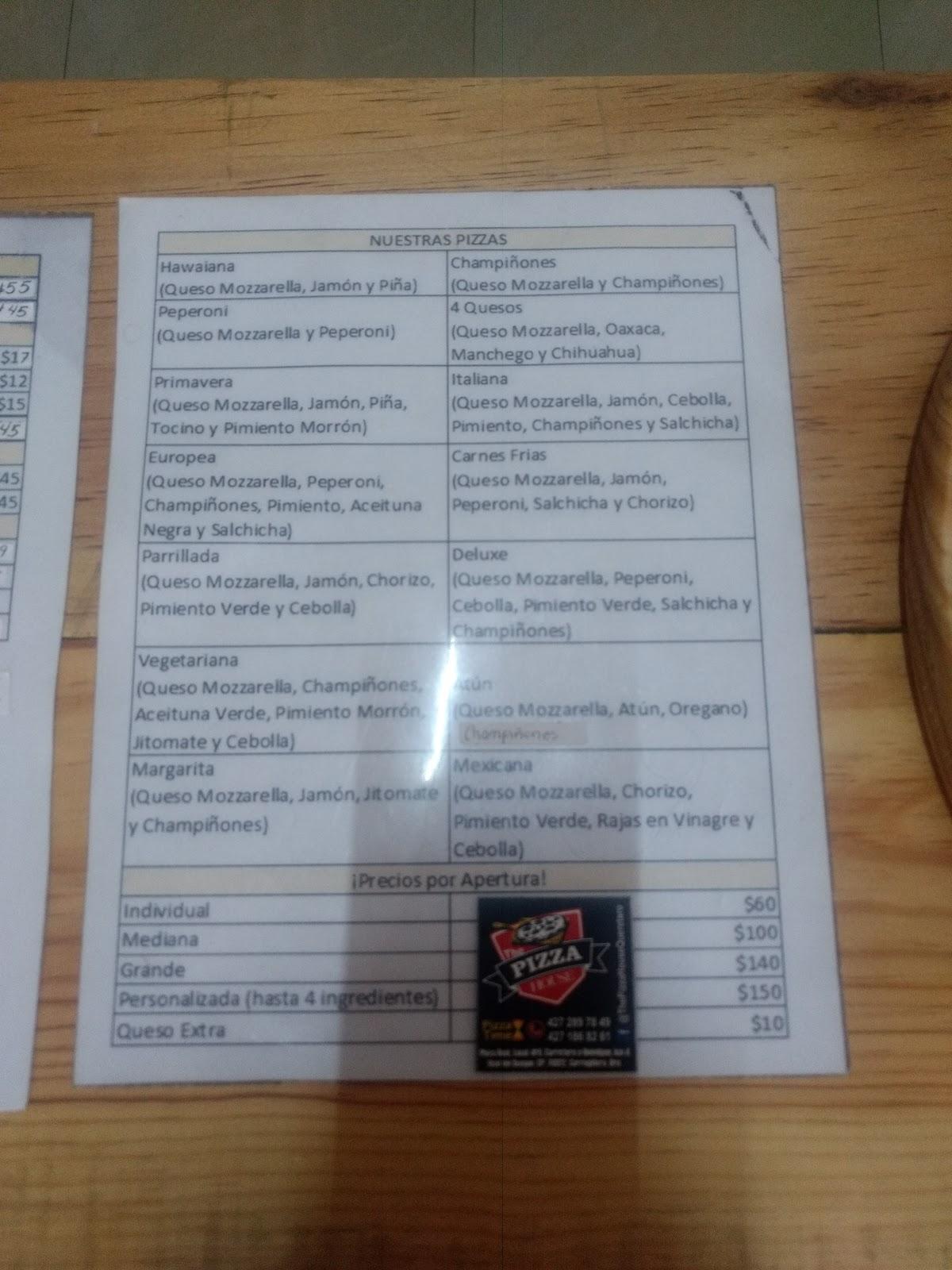 Menu at The Pizza House restaurant, Los Olvera