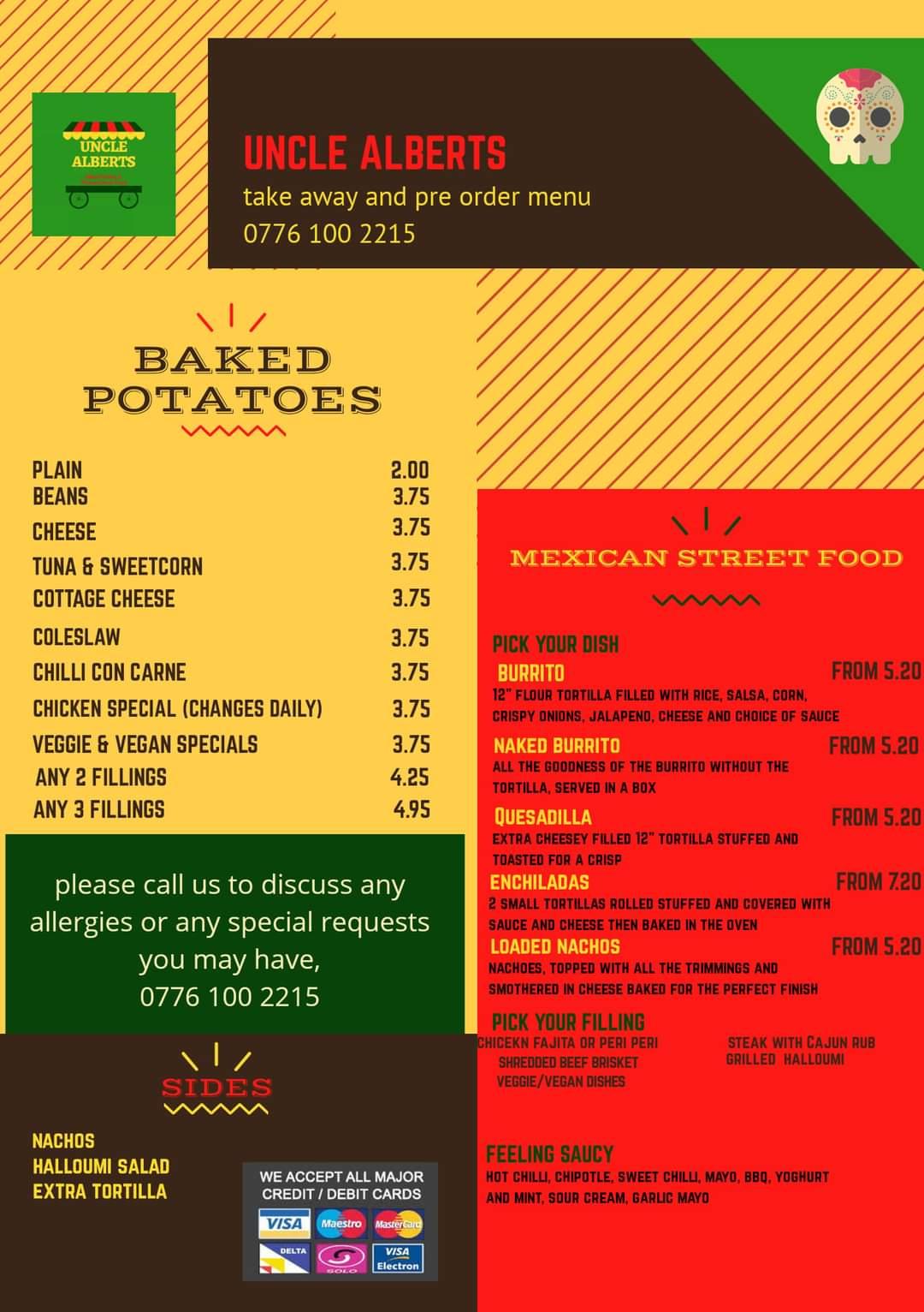 Menu at Uncle Alberts Particular Potato restaurant, Rochdale, Opposite