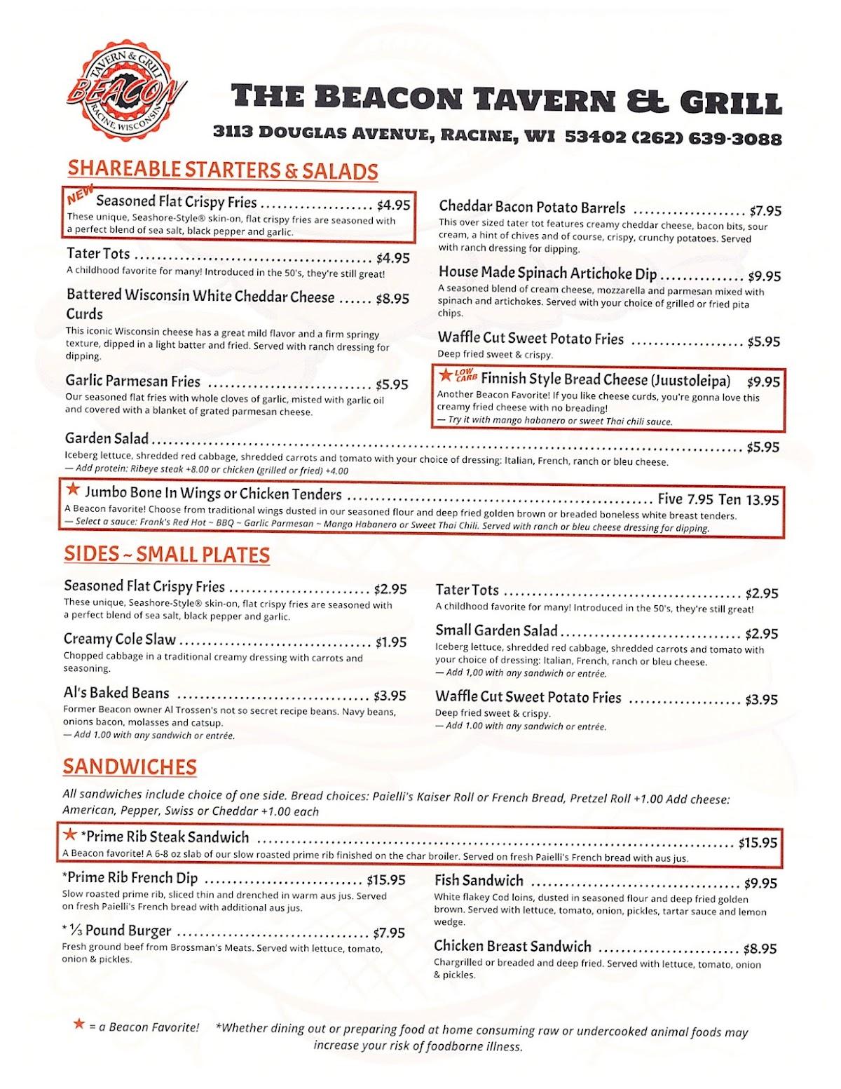 Menu at Beacon Tavern & Grill pub & bar, Racine, Douglas Ave