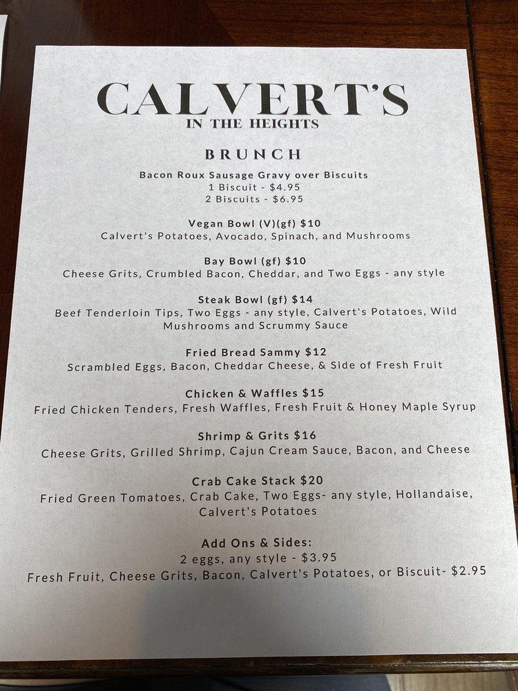 Menu at Calvert's in the Heights pub & bar, Pensacola
