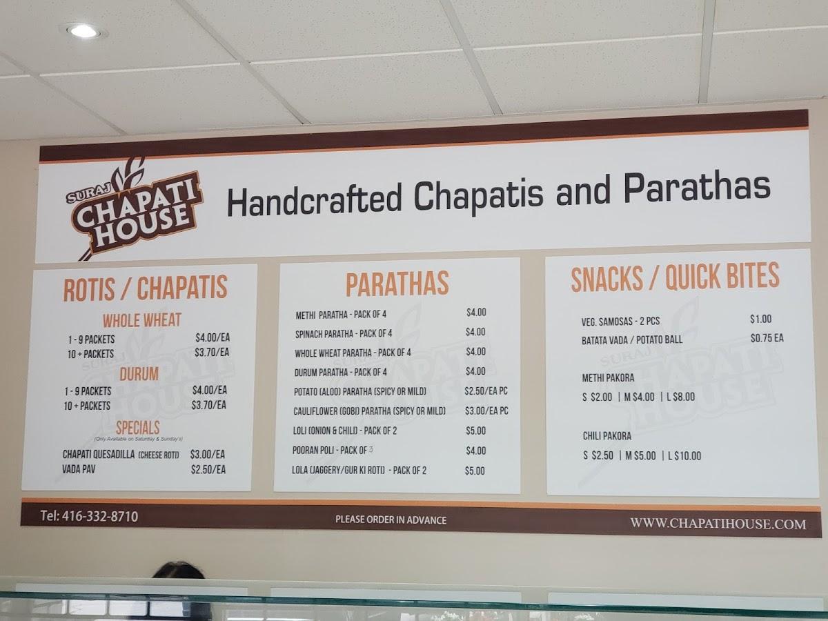 Menu at Suraj Chapati House restaurant, Toronto