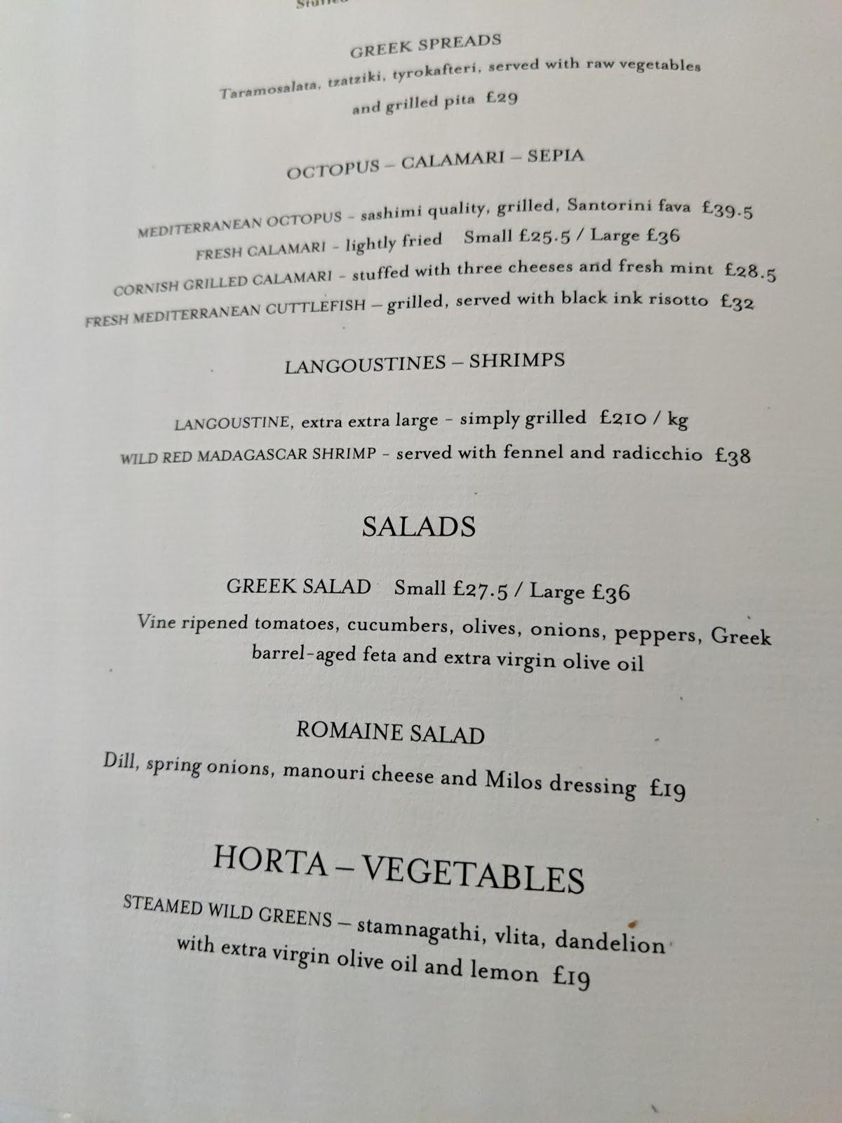 Menu at estiatorio Milos restaurant, London, 1 Regent Street Saint James's