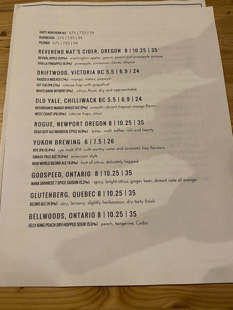 Menu at Dirty Northern pub & bar, Whitehorse