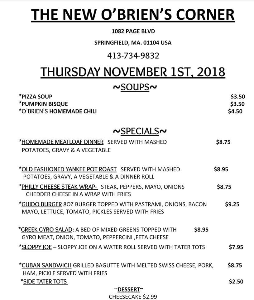 Menu at O'Brien's Corner pub & bar, Springfield