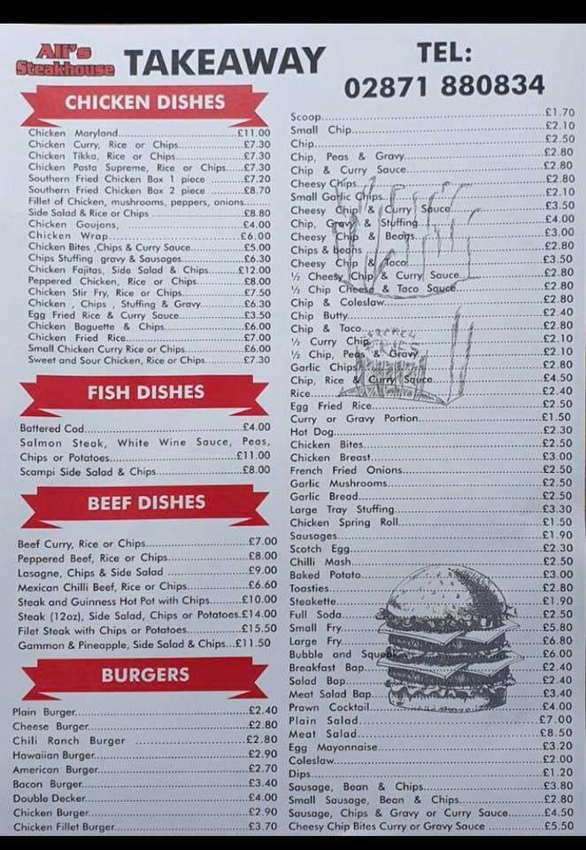 Menu at Ali's Steak House restaurant, Strabane, 433A Ballymagorry