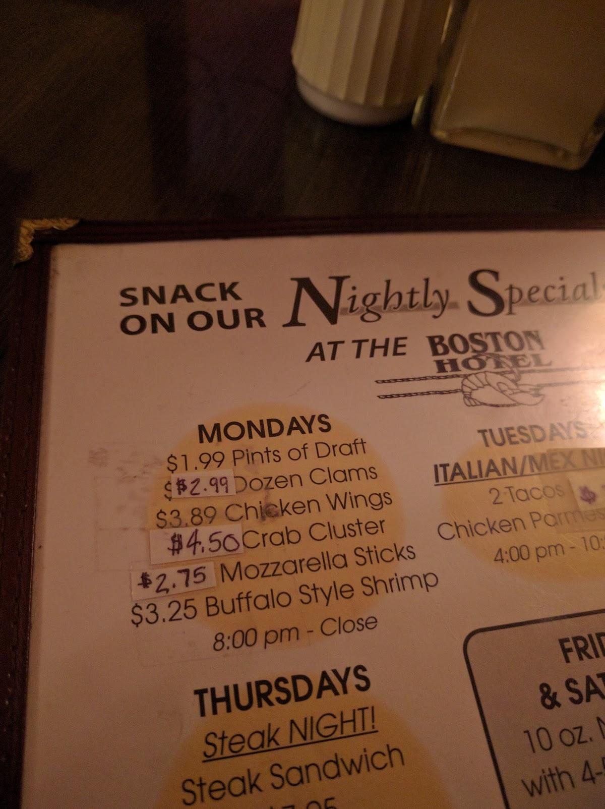 Menu at Boston Hotel pub & bar, Boston, Boston State Rd
