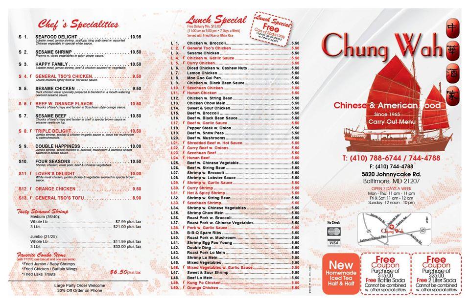Menu at Chung Wah Restaurant, Baltimore, Johnnycake Rd