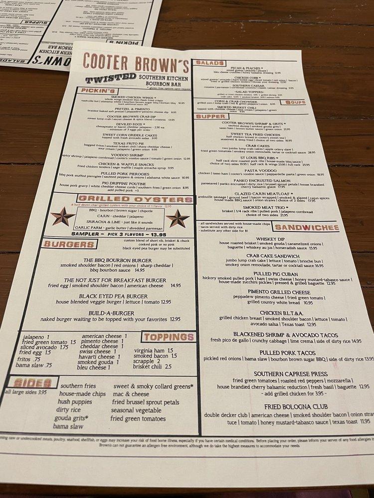 Menu at Cooter Brown's Twisted Southern Kitchen and Bourbon Bar ...
