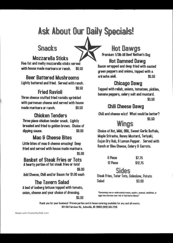 Menu at Fairview Tavern pub & bar, Asheville