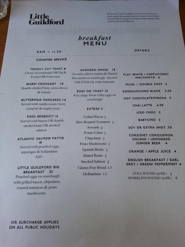 Menu at Little Guildford cafe, Guildford