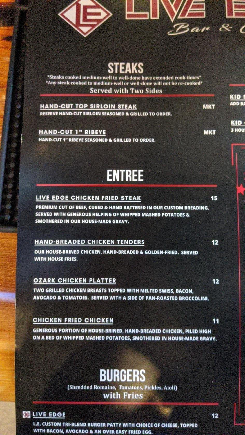 Menu at Live Edge Bar & Grill, Mountain Home