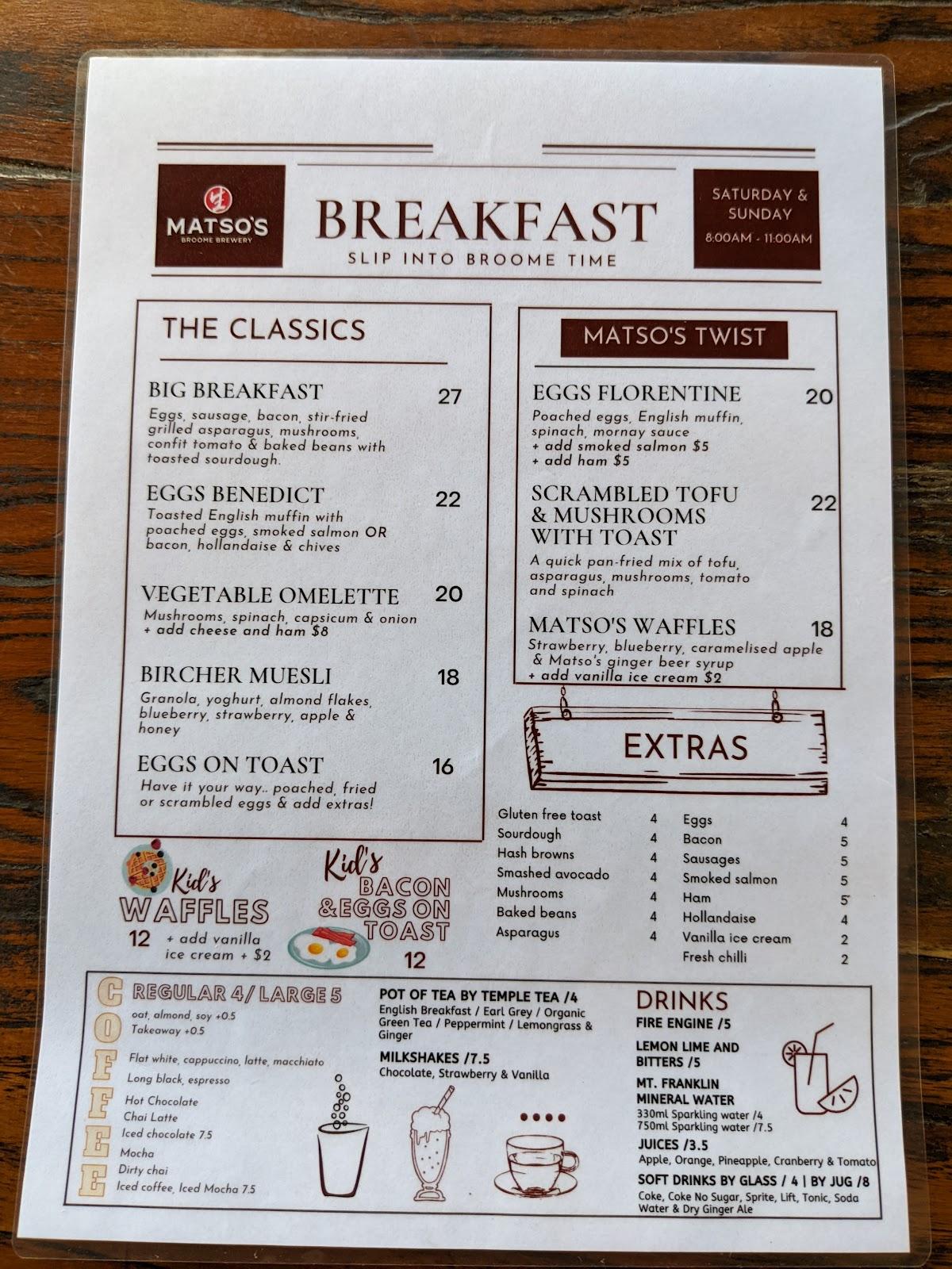 Menu at Matso's Broome Brewery restaurant, Broome, 60 Hamersley St