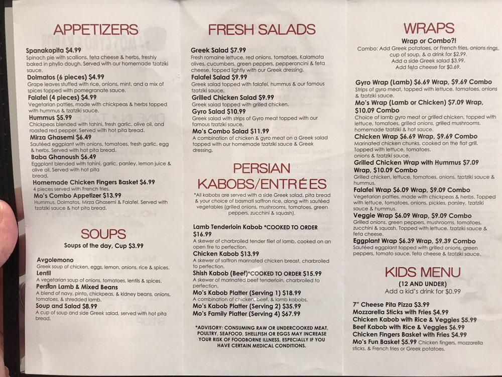 Menu at Mo's Gyro and Kabob restaurant, Buford