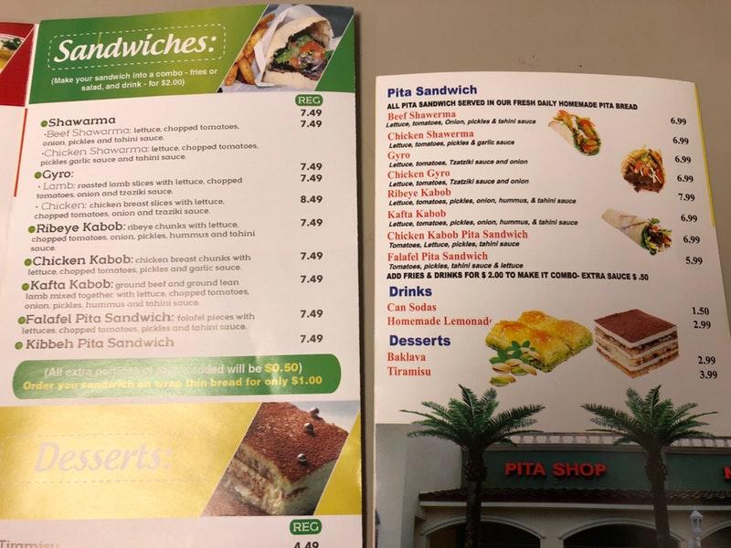 Menu at Pita Shop restaurant, Miramar