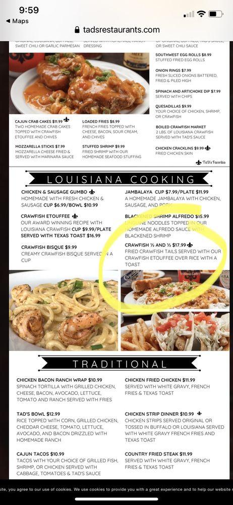 Menu at TaD's Louisiana Cooking- Katy pub & bar, Katy