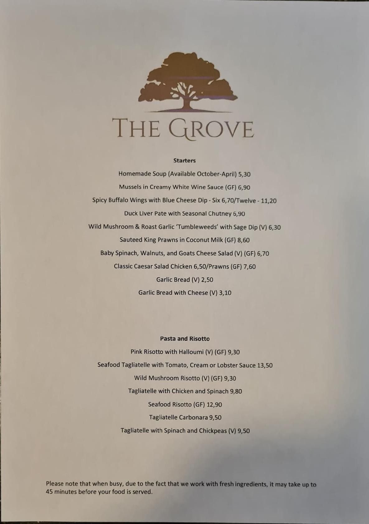Menu at The Grove Restaurant, El Saladillo