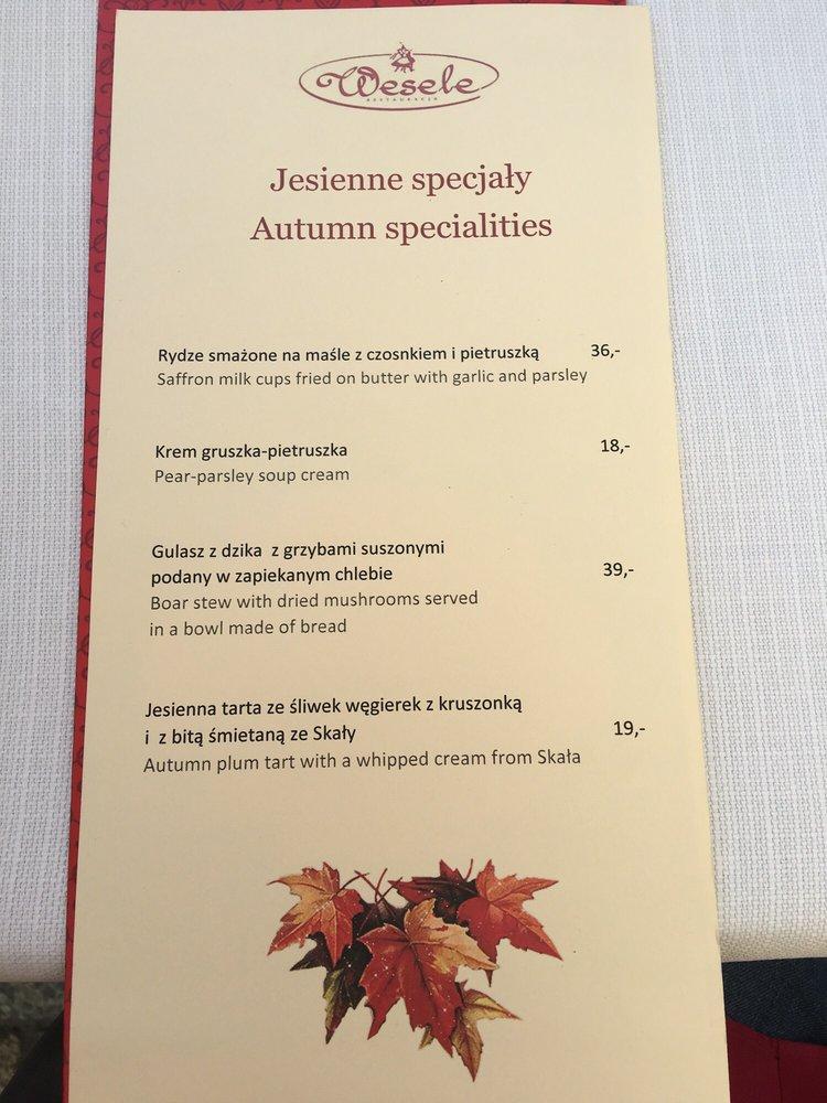 Menu at Wesele restaurant, Kraków