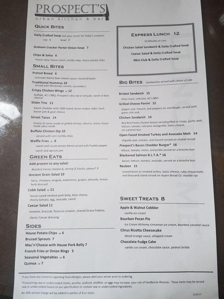 Menu at Prospect's Urban Kitchen & Bar, Denver