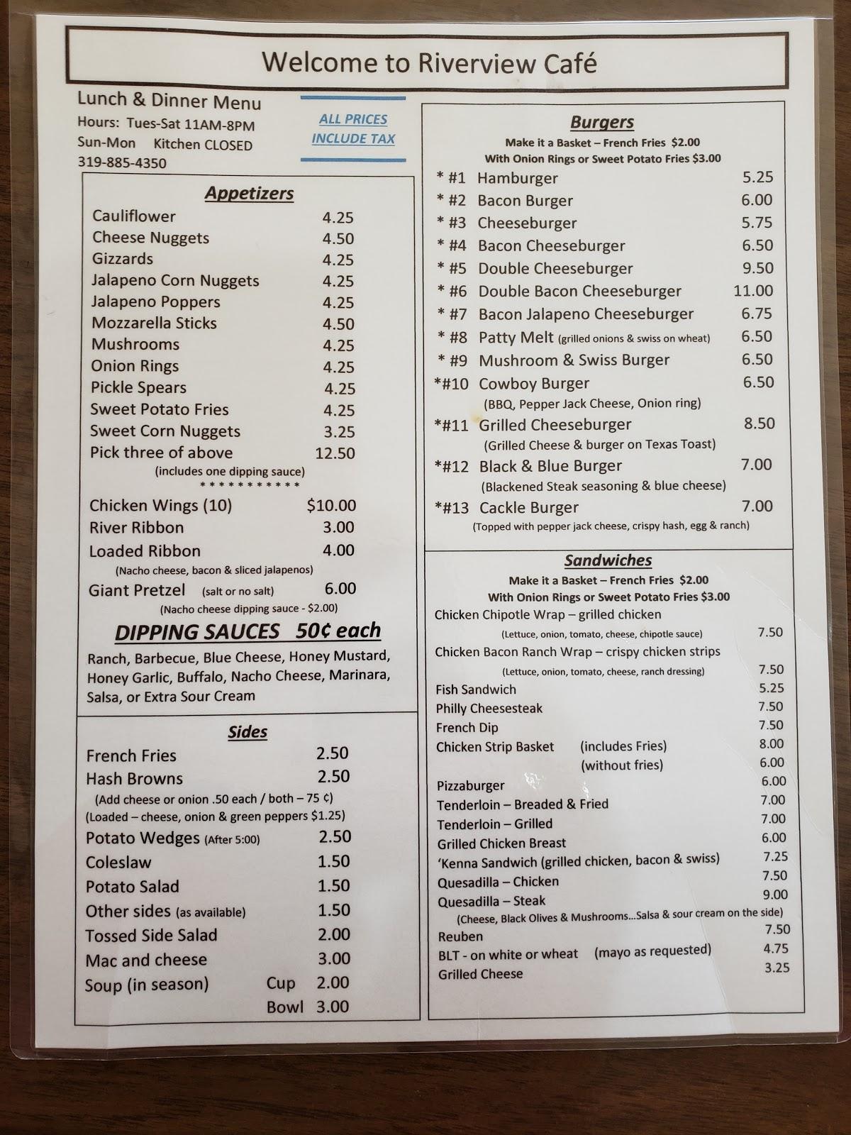 Menu at Riverview Cafe, Shell Rock