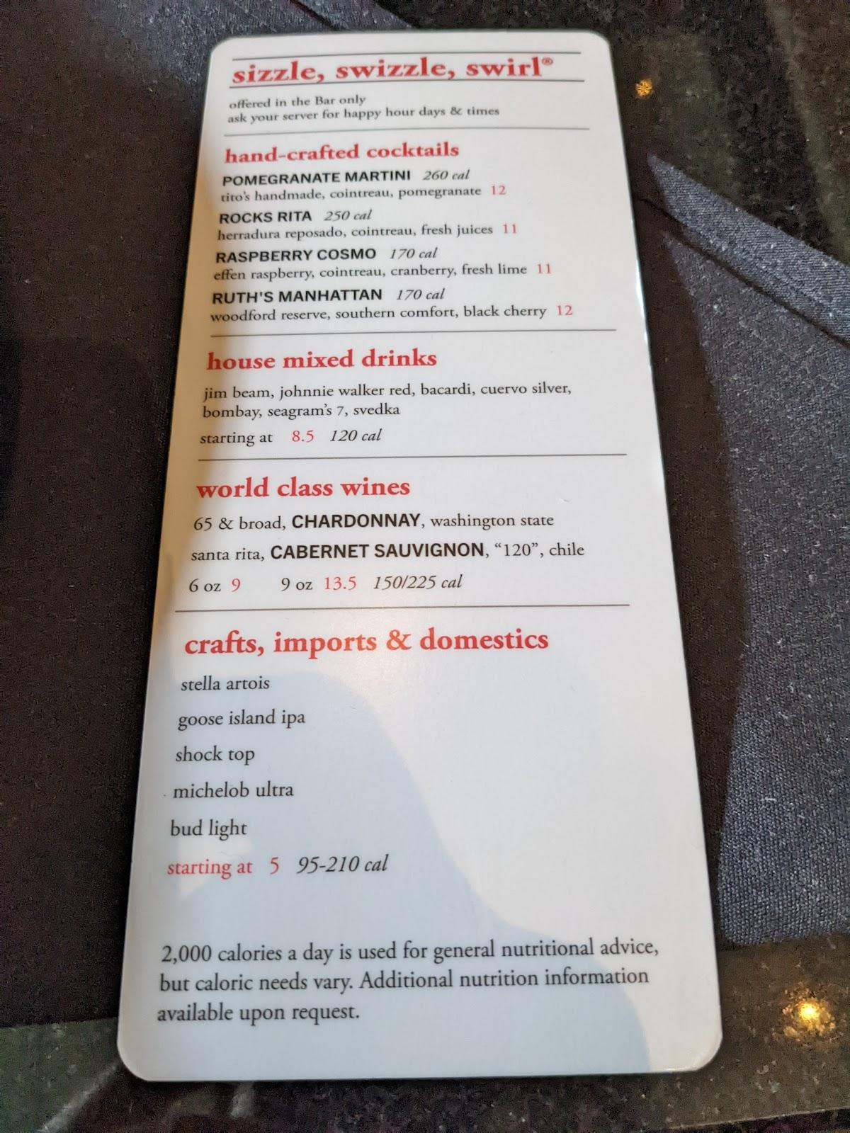 Menu at Ruth's Chris Steak House - Sarasota pub & bar, Sarasota