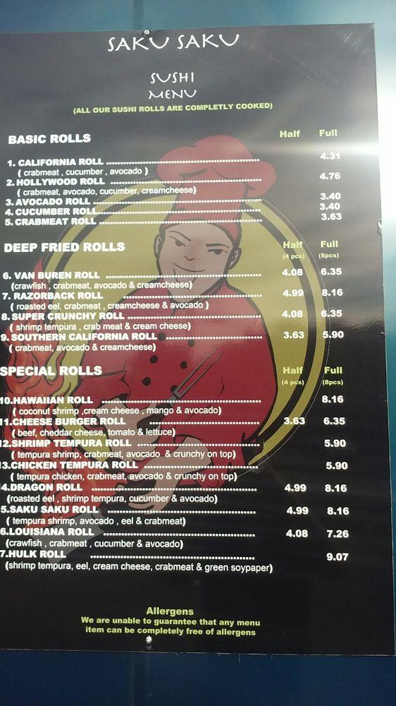 Menu at Saku Saku Hibachi Grill restaurant, Van Buren, Fayetteville Rd