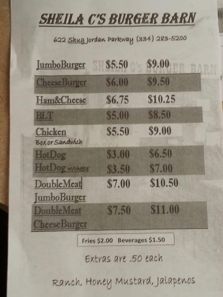 Menu at Sheila C's Burger Barn, Auburn