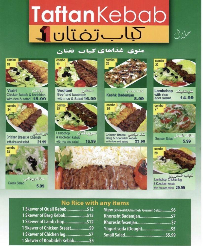 Menu at Taftan Kebab restaurant, Richmond Hill, Yonge St