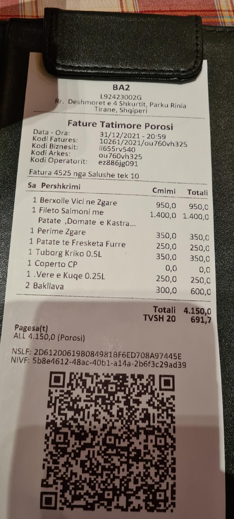 Menu at Casa della pasta restaurant, Tirana, Parku Rinia