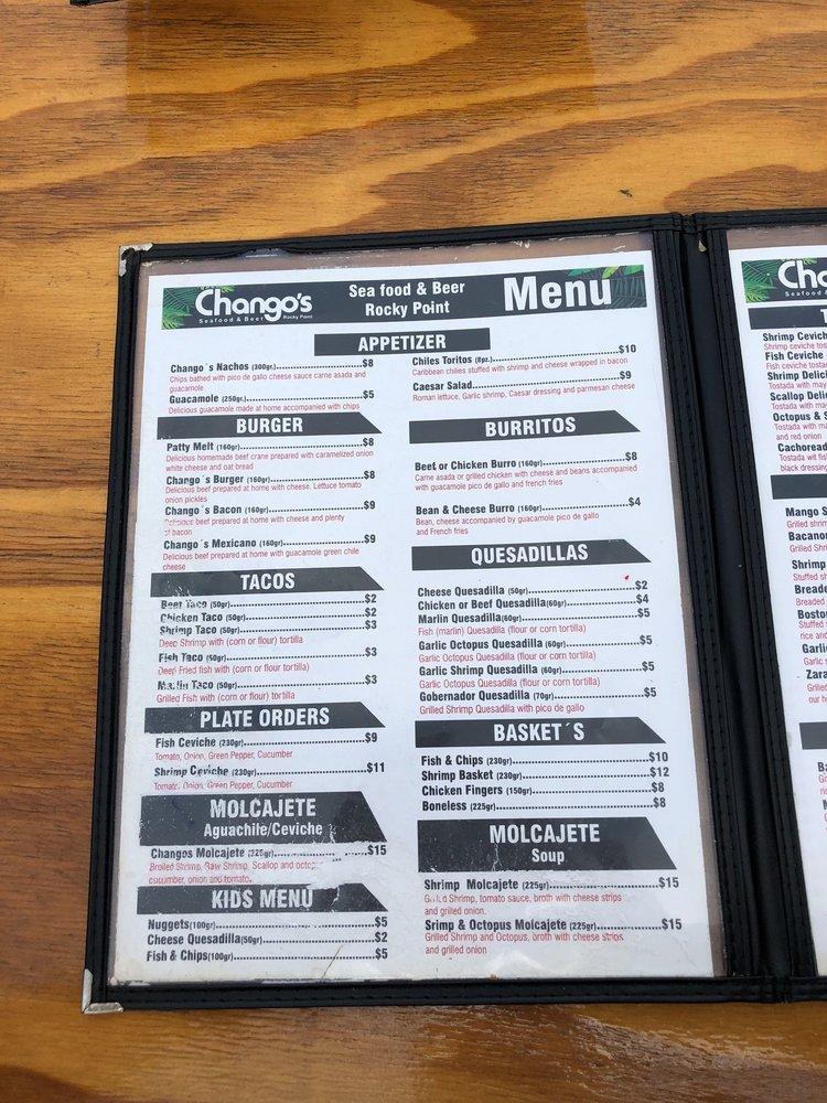Menu at Chango's Seafood & Beer restaurant, Puerto Peñasco