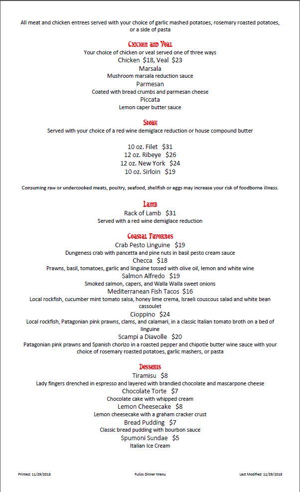 Menu at Fulio's Restaurant, Astoria
