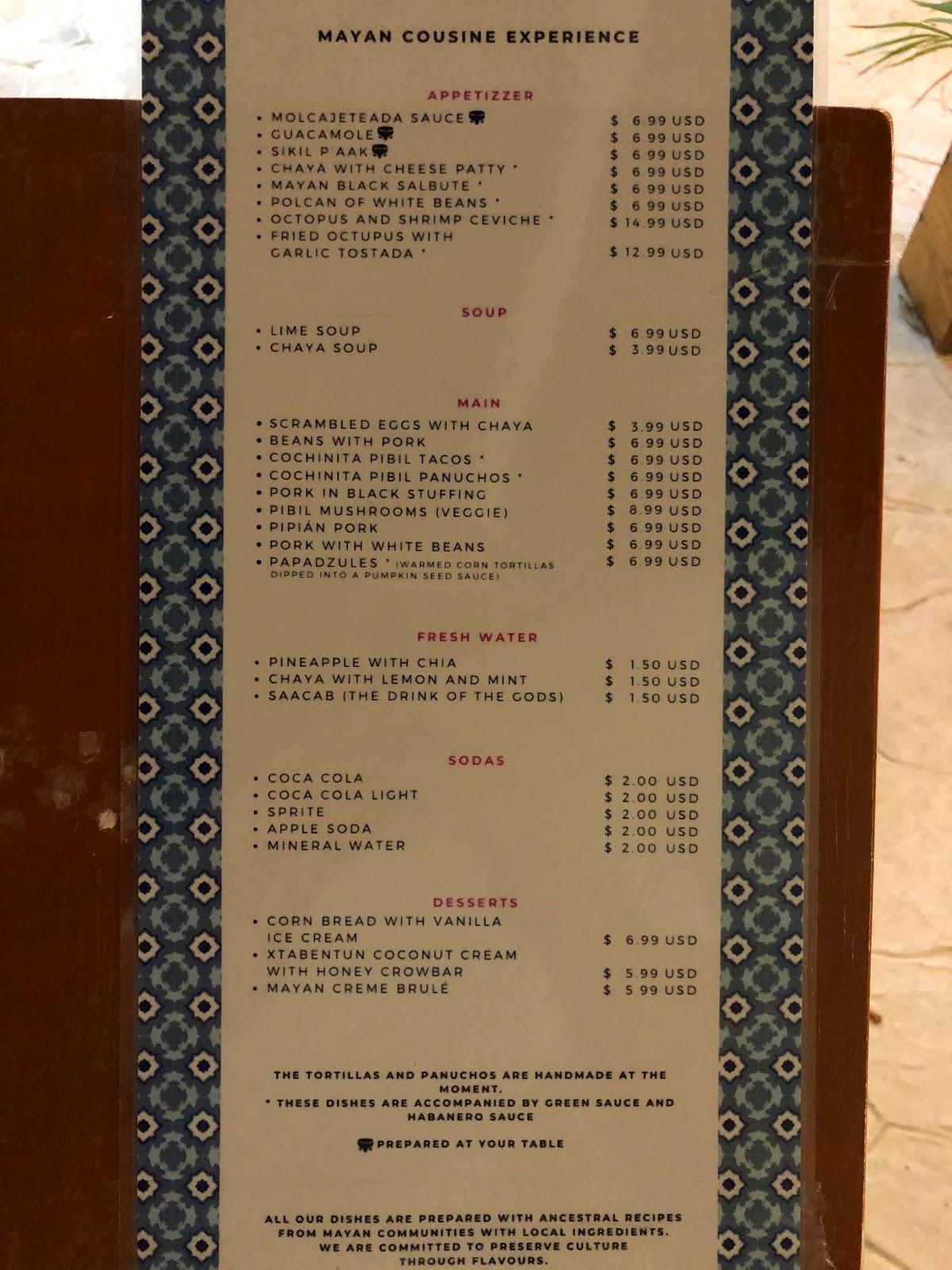 Menu at Ix-Kool restaurant, San Miguel de Cozumel