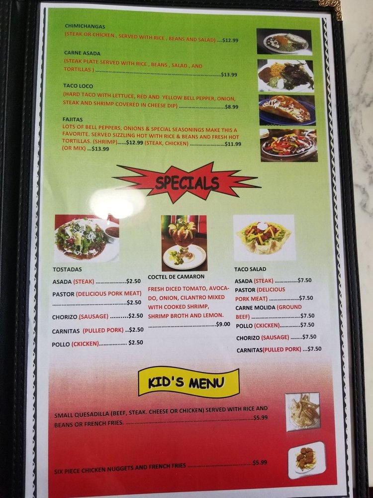 Menu at Julia's Taqueria restaurant, Laurel