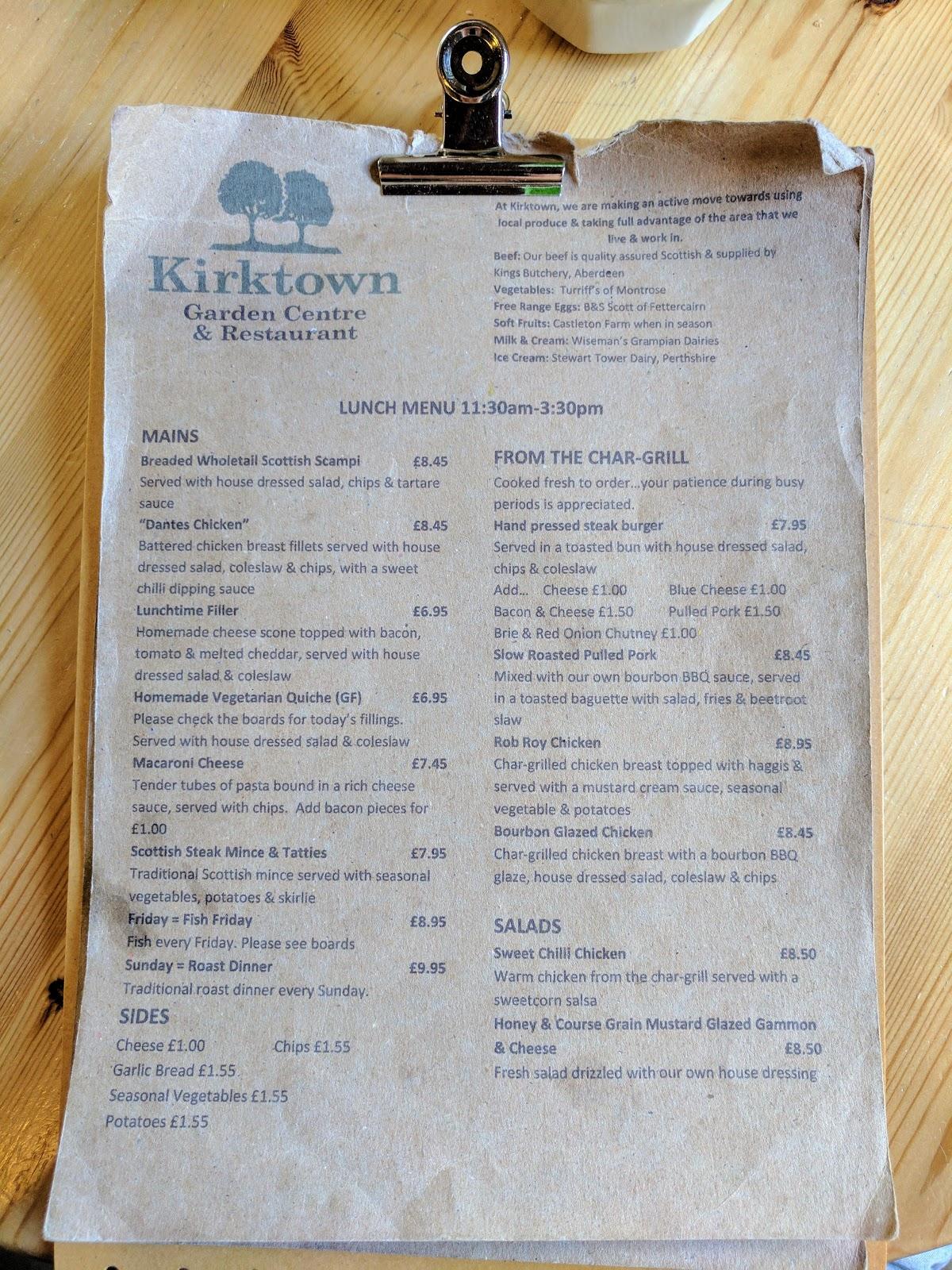 Menu at Kirktown Garden Centre cafe, Stonehaven