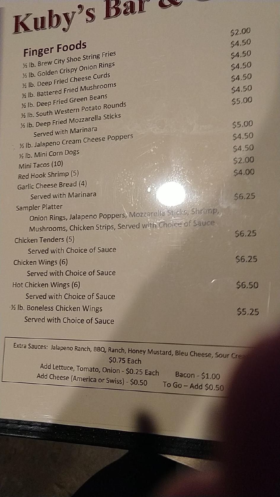 Menu at Kuby's Bar And Grill, Stevens Point