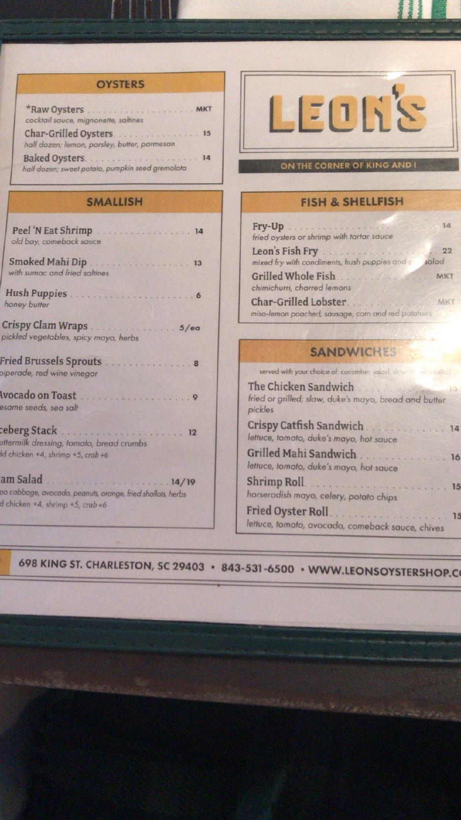 Menu at Leon's restaurant, Charleston