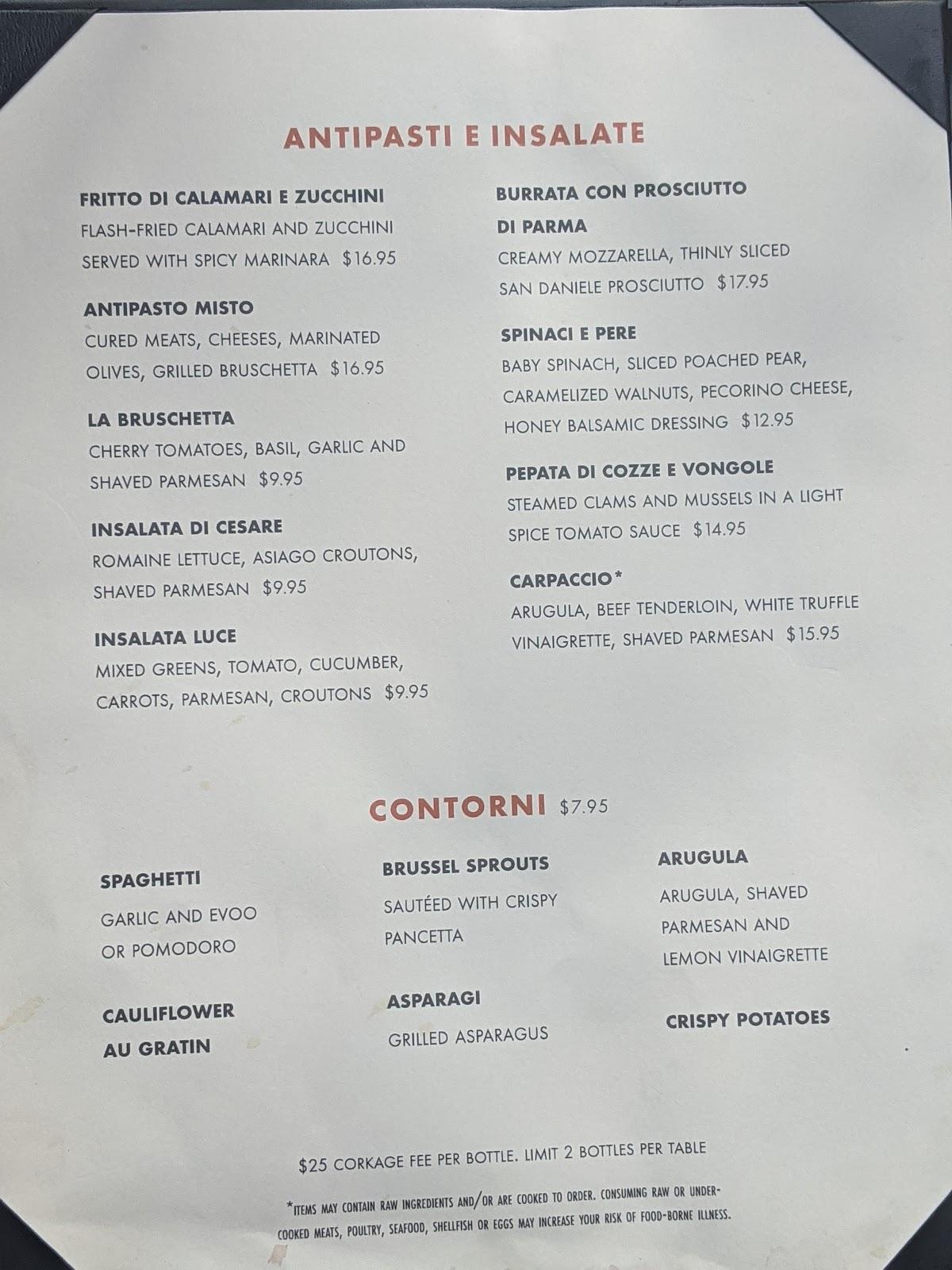 Menu at Luce restaurant, Charlotte