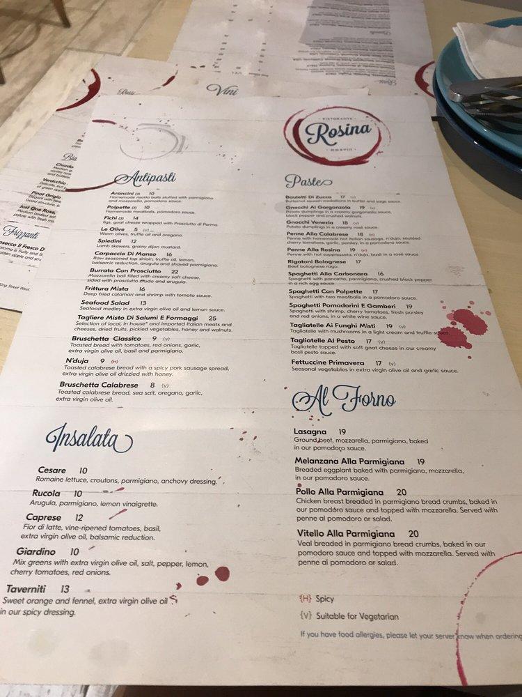 Carta de Rosina Restaurant, Toronto