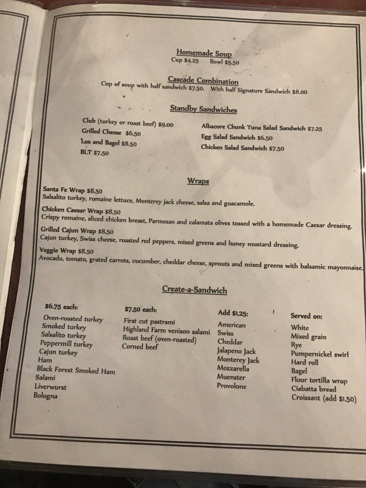 Menu at The Cascades cafe, Hudson