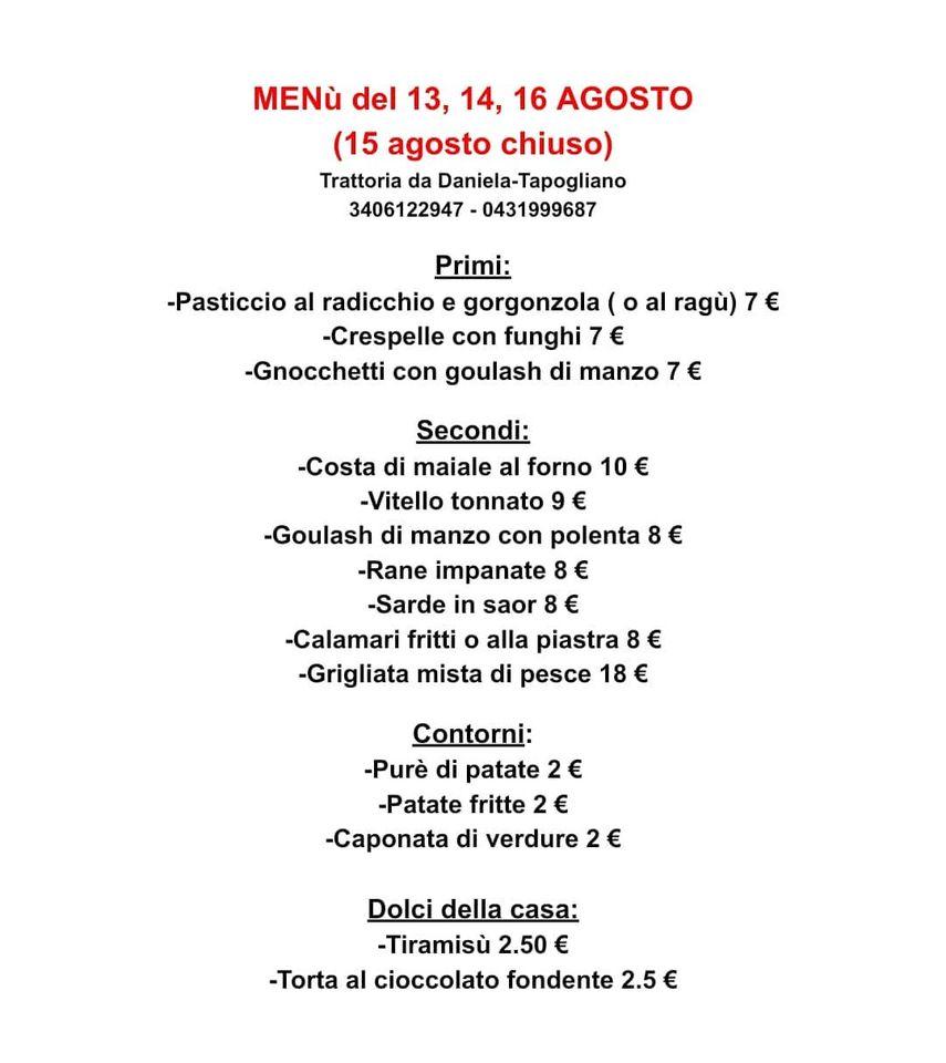 Menu da Trattoria da Daniela ristorante, Tapogliano
