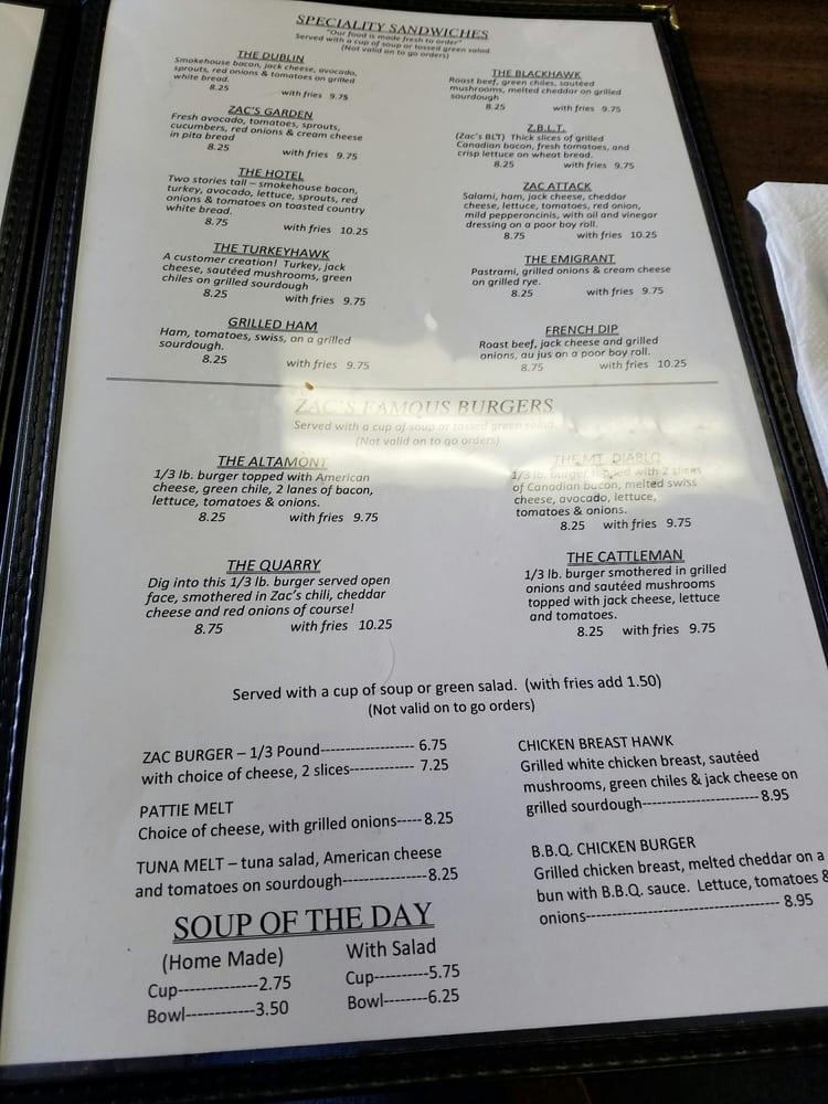 Menu at Zac's Cafe, Dublin