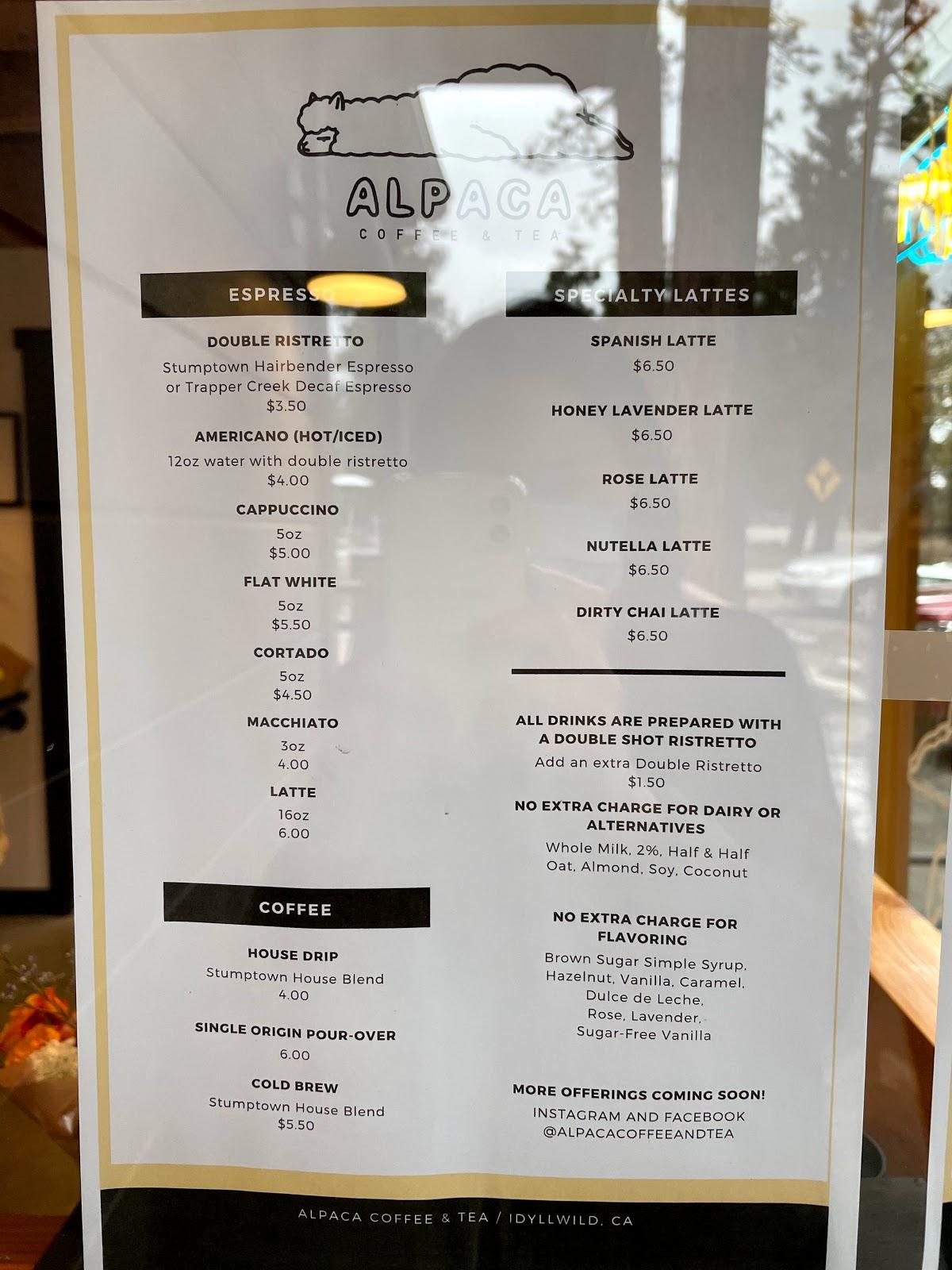 Menu at Alpaca Coffee & Tea cafe, Idyllwild-Pine Cove