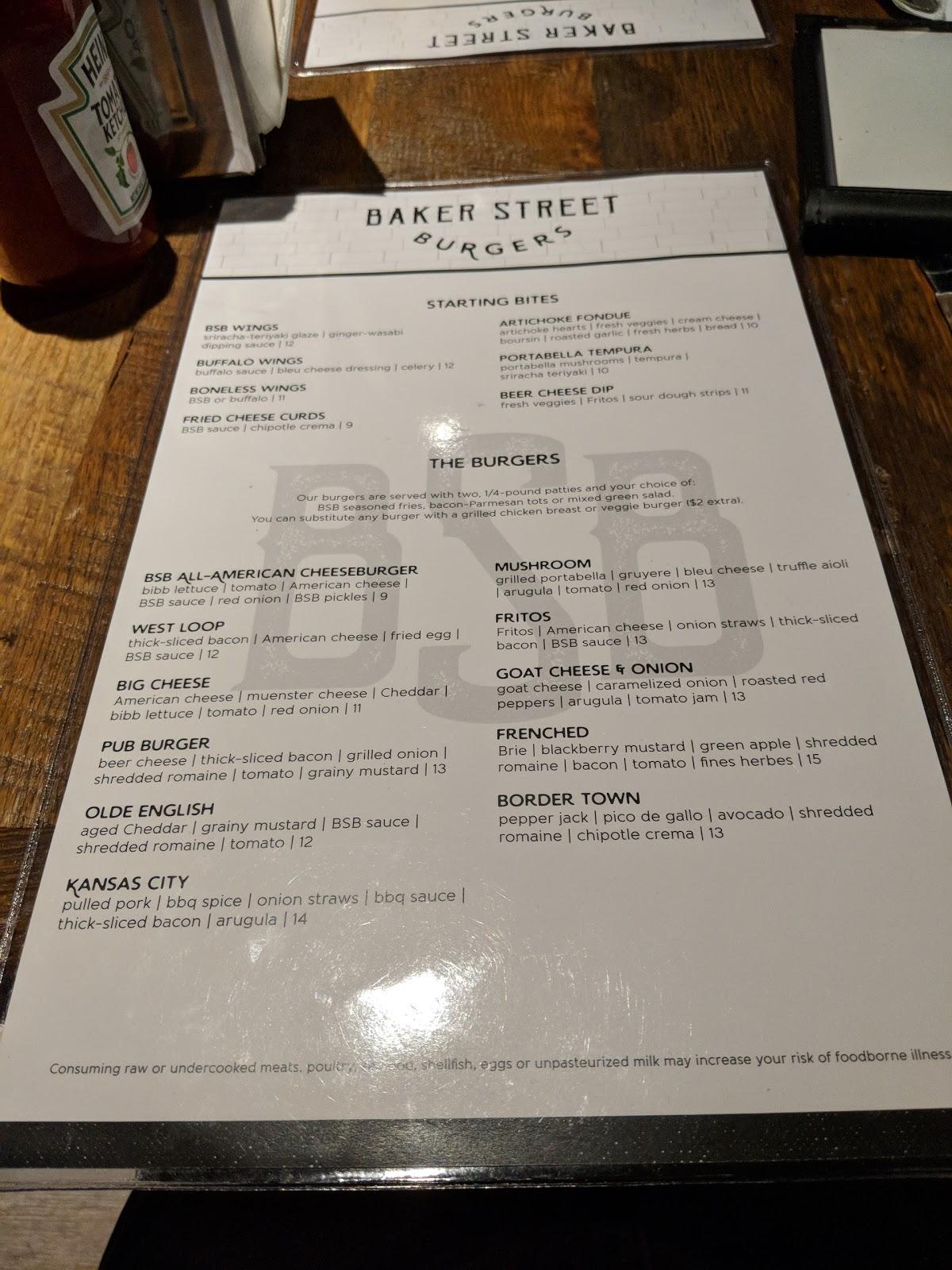 Menu at Baker Street Burgers restaurant, Rockford