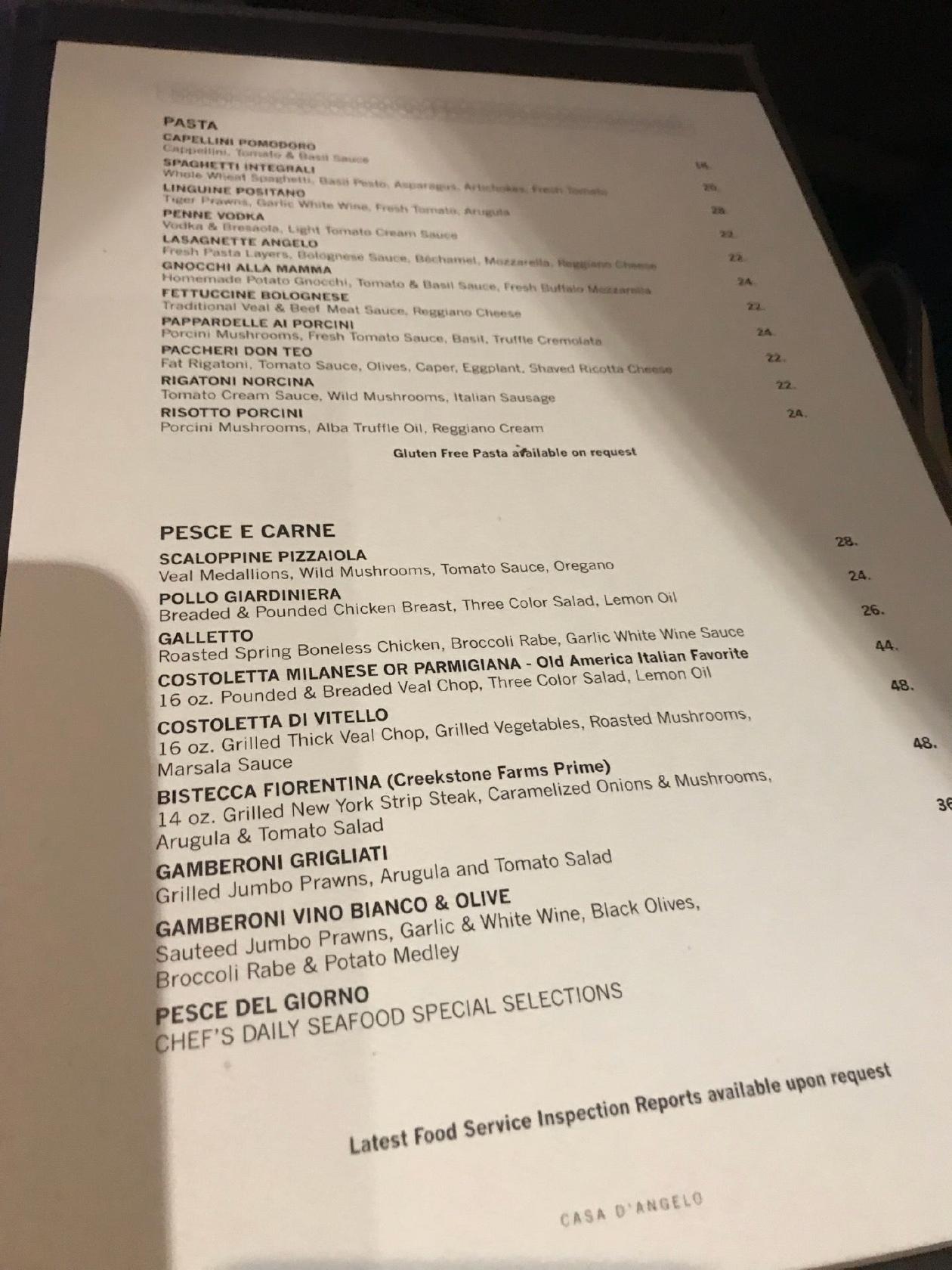 Menu at Casa D'Angelo Ristorante restaurant, Fort Lauderdale