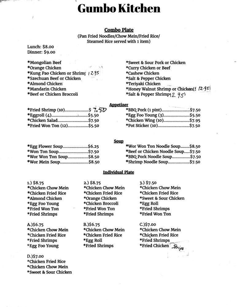 Menu at Gumbo Kitchen Chinese Food restaurant, Visalia