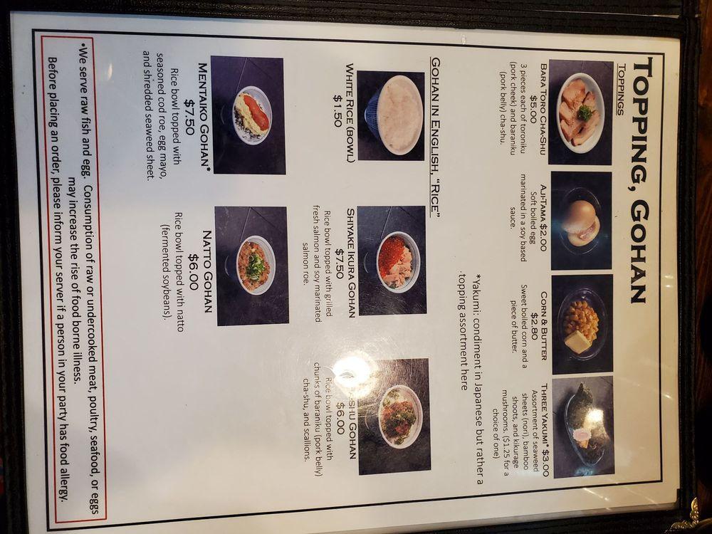 Menu at Hokkaido Ramen Santouka Back Bay restaurant, Boston